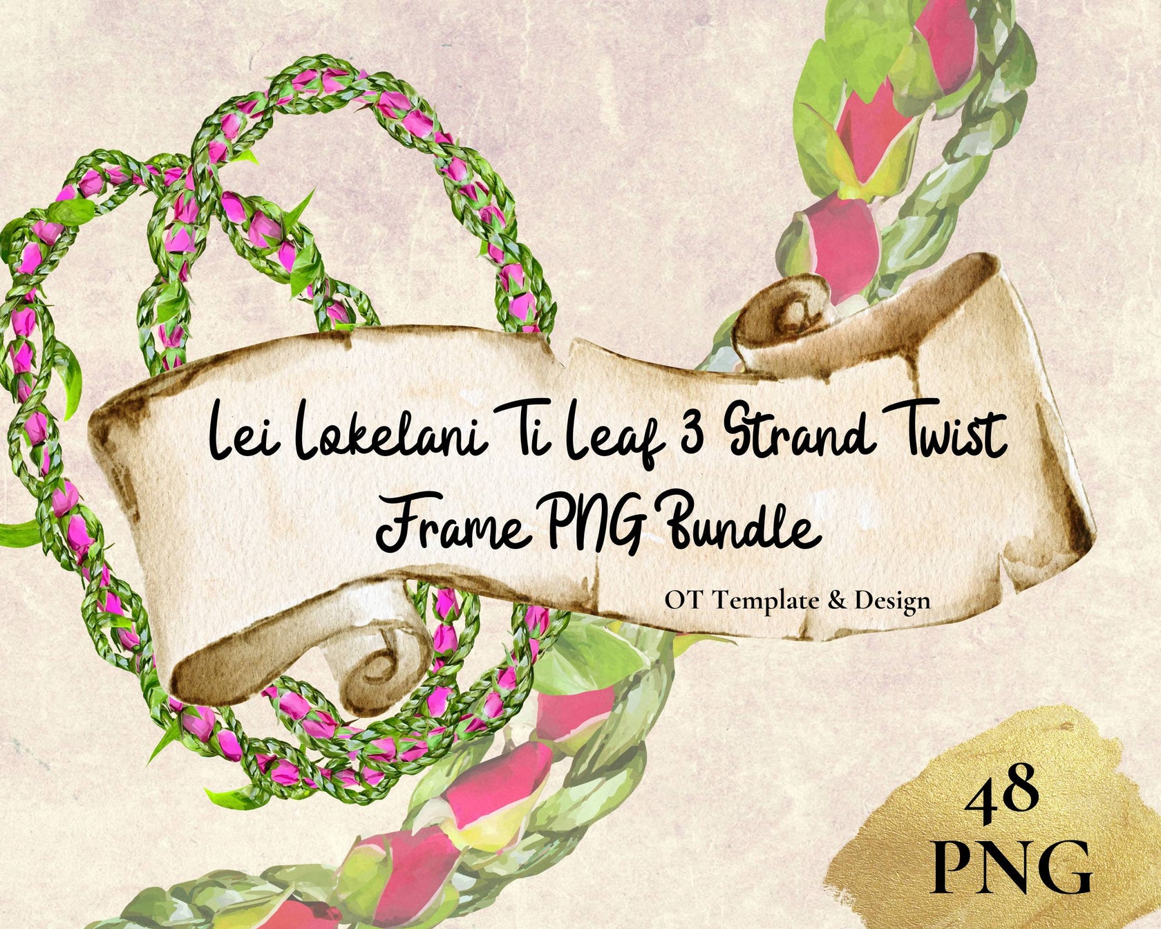 Lokelani Ti Leaf 3 Strand Twist Lei | Hawaiian Frame PNG Bundle | Digi ...