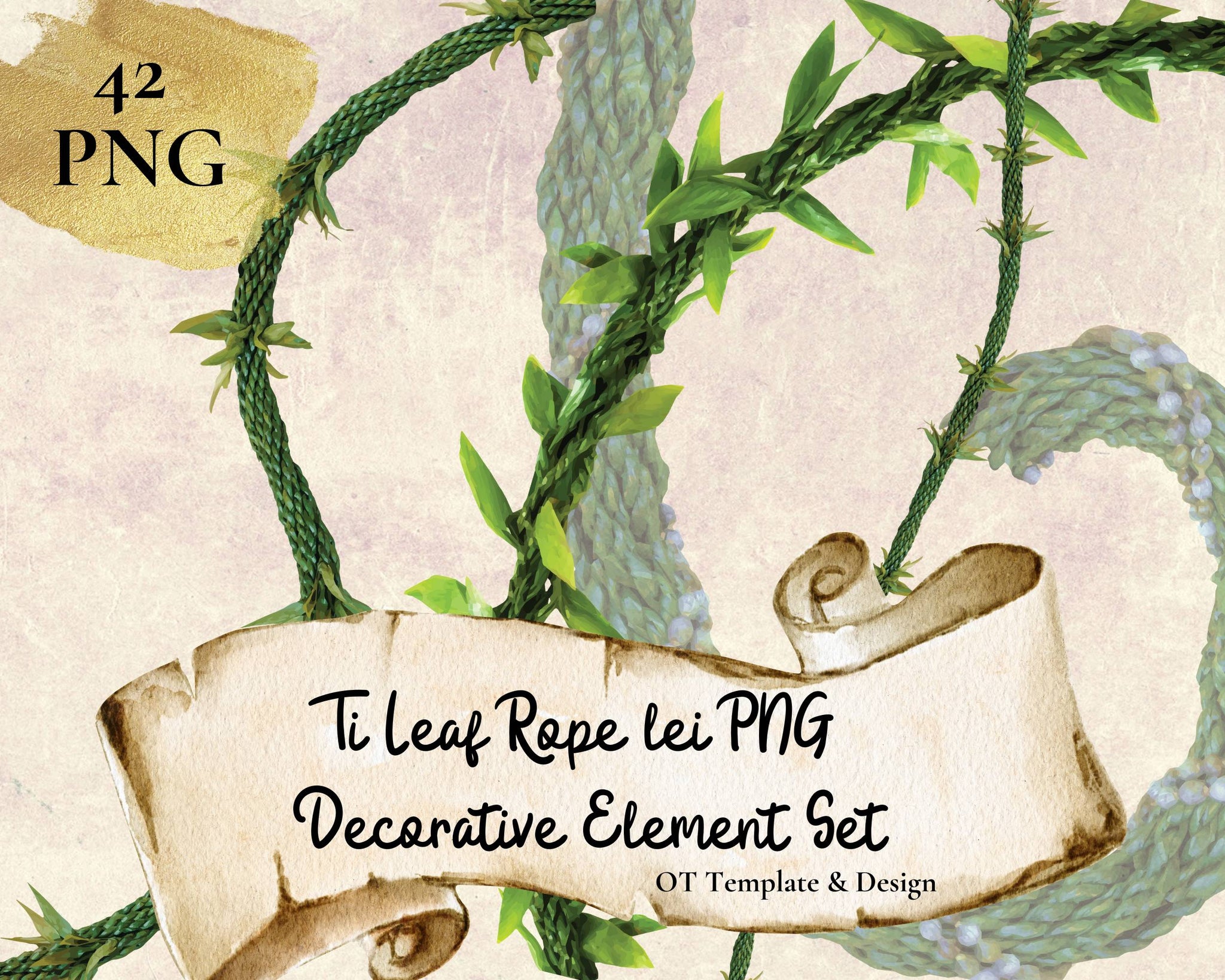 Ti Leaf Rope Lei | Hawaiian PNG Decorative Element Set | Digital Downl ...